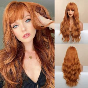 forcuteu ginger wig with bangs orange wigs for women long orange wig ginger wavy wigs 26 inch heat resistant wigs for daily party use halloween(ginger orange)