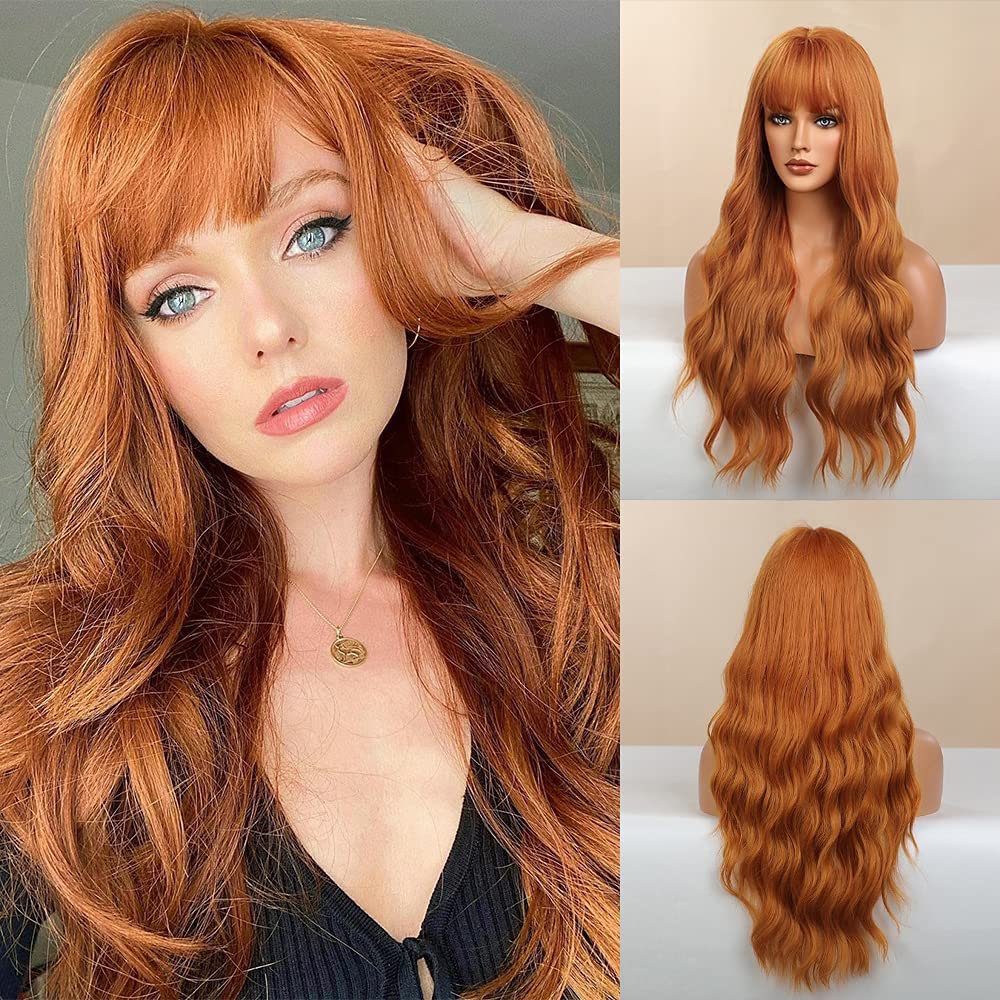 FORCUTEU Ginger Wig with Bangs Orange Wigs for Women Long Orange Wig Ginger Wavy Wigs 26 Inch Heat Resistant Wigs for Daily Party Use Halloween(Ginger Orange)