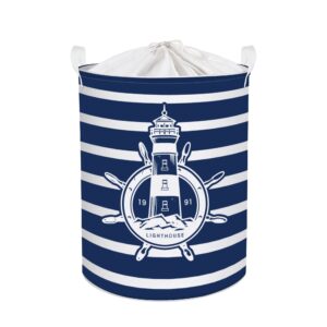 clastyle 45l nautical compass laundry hamper waterproof collapsible navy stripe laundry baskets with drawstring bedroom living room nursery storage basket with handle, 14 * 17.7 in