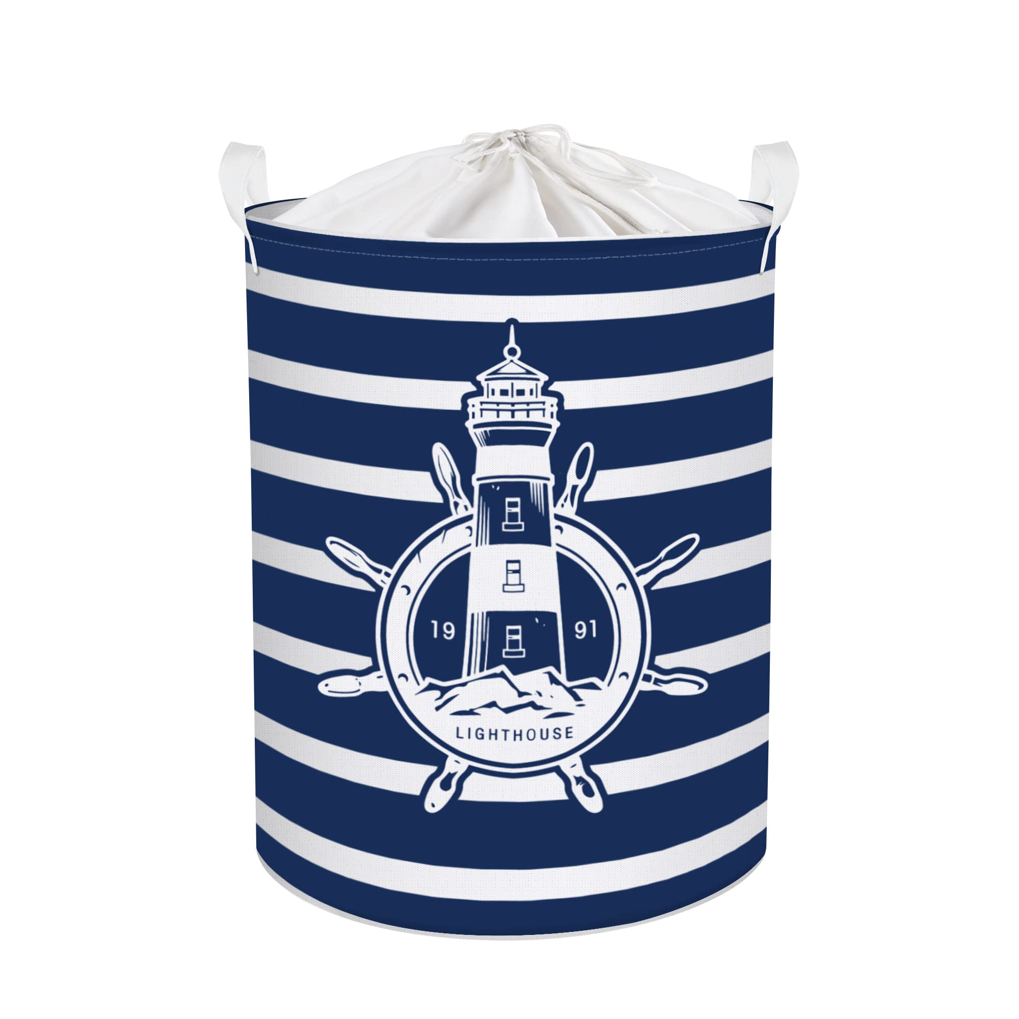 Clastyle 45L Nautical Compass Laundry Hamper Waterproof Collapsible Navy Stripe Laundry Baskets with Drawstring Bedroom Living Room Nursery Storage Basket with Handle, 14 * 17.7 in