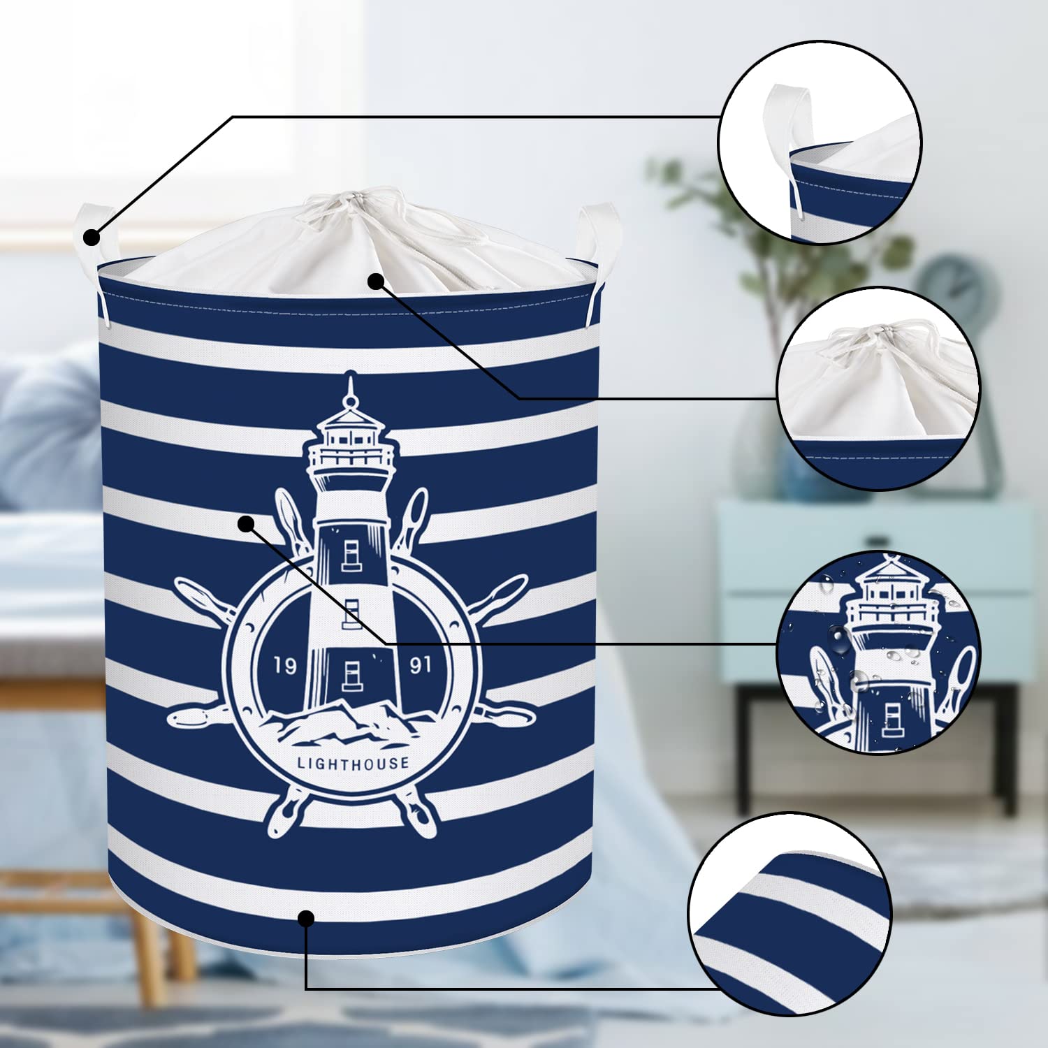 Clastyle 45L Nautical Compass Laundry Hamper Waterproof Collapsible Navy Stripe Laundry Baskets with Drawstring Bedroom Living Room Nursery Storage Basket with Handle, 14 * 17.7 in