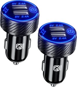 【2pack】 usb car charger, dual usb port car charger adapter, 5v/4.8a charge car phone charger with blue led & touch switch fit for iphone 13/12 pro/max/8, galaxy s21/20/10/9 (black)