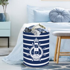 Clastyle 45L Nautical Compass Laundry Hamper Waterproof Collapsible Navy Stripe Laundry Baskets with Drawstring Bedroom Living Room Nursery Storage Basket with Handle, 14 * 17.7 in