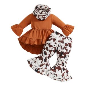 emmababy toddler baby girl clothes long sleeve cow print outfitt-shirt + flare pants bell-bottom tie dye leggings set 0-4t (3pcs brown, 12-18 months)