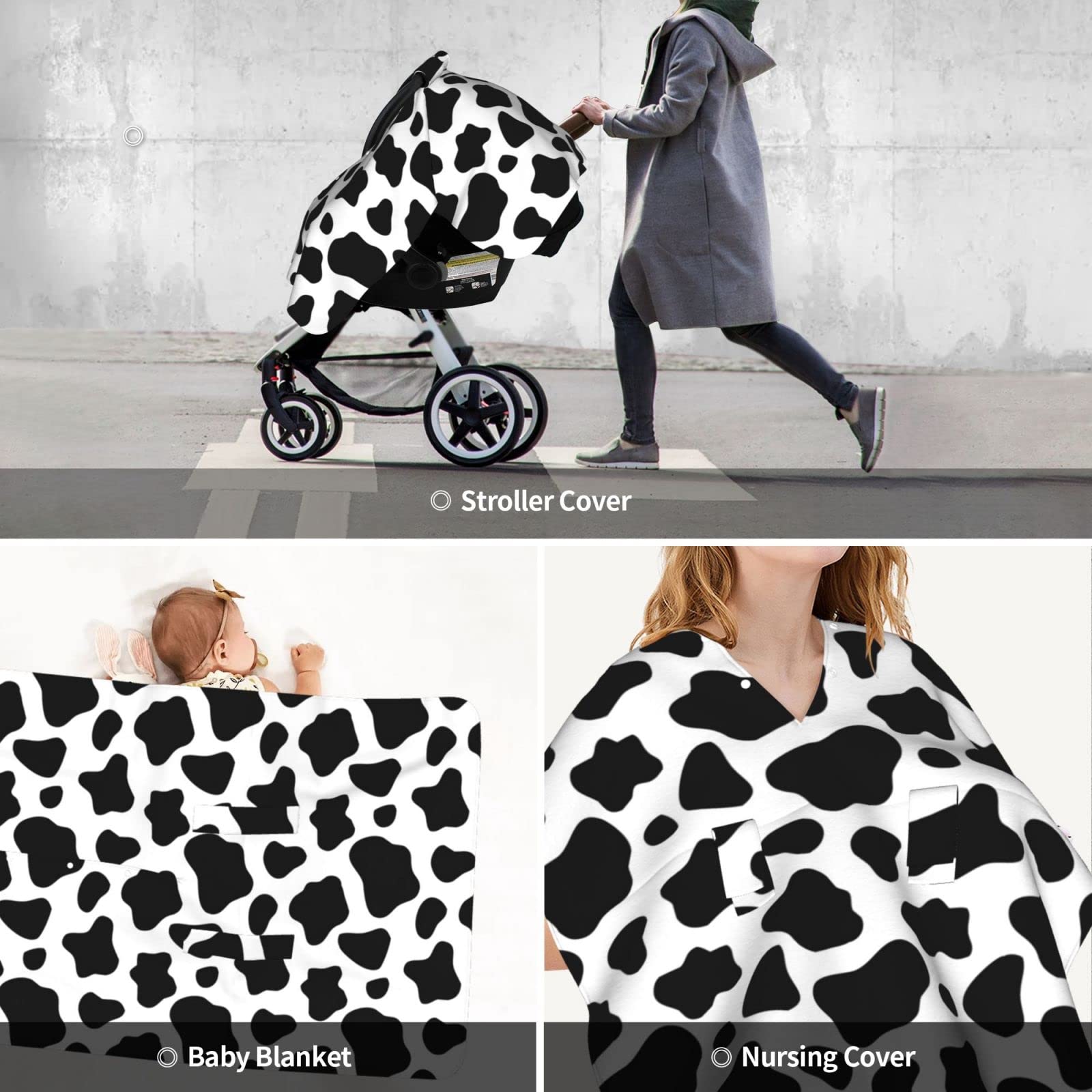 Rutiea Baby Car Seat Canopy Black and White Cow Print Nursing Cover for Infant Boys and Girls Breastfeeding Scarf, Keeps Baby Warm and Cozy