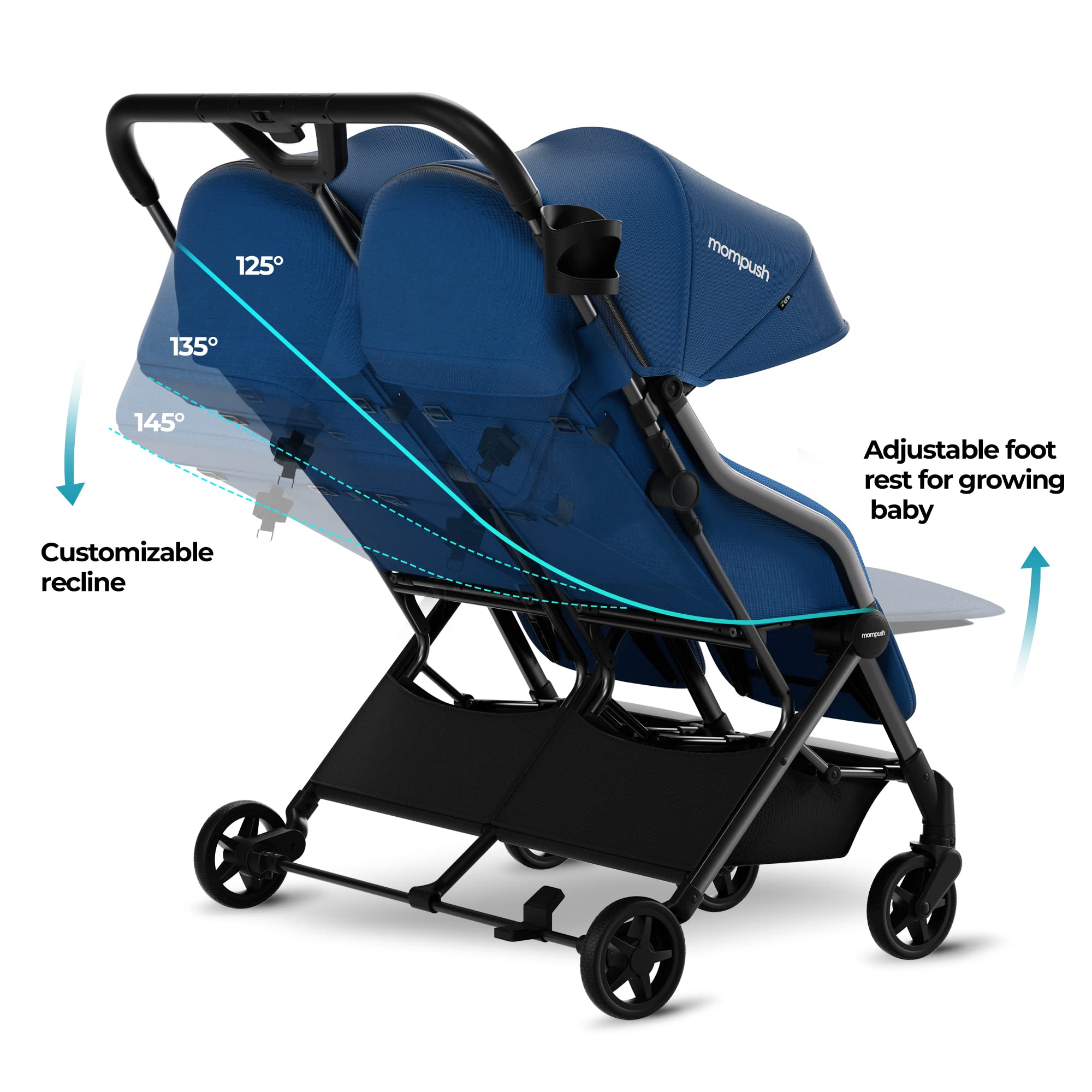 Mompush Lithe Double Ultralight Stroller, Lightweight Side by Side Stroller, Two Large Seats with Individual Recline, Easy Fold