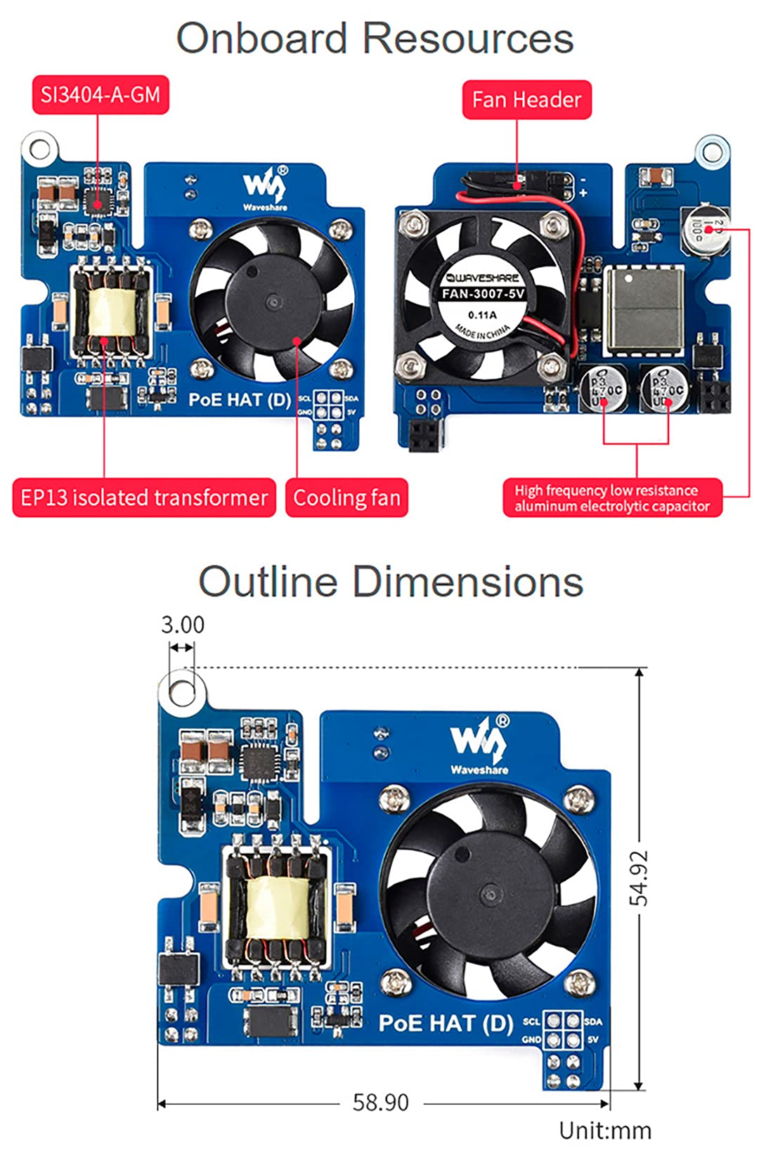 Power Over Ethernet HAT (D) for Raspberry Pi 4B/3B+, PoE HAT Board with Cooling Fan, Support IEEE 802.3af-Compliant, 5V 2.5A PoE Power Output,Compatible with Official Raspberry Pi 4B/3B+ Case