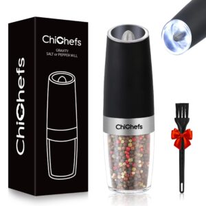 chichefs gravity electric salt and pepper grinder set, automatic salt and pepper mill grinder, battery operated with white led light, adjustable coarseness, one handed operation, stainless steel