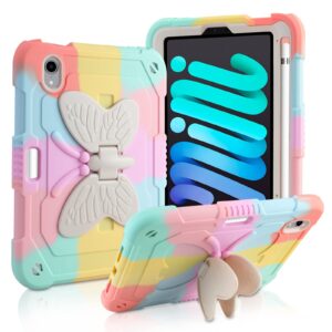 vofuoe for ipad mini 7 case for ipad mini 6 case with kickstand butterfly wings pencil holder, heavy duty hard rugged cover for kids girls for ipad mini 7th/ 6th gen 2024 2021 8.3 inch -rainbow pink