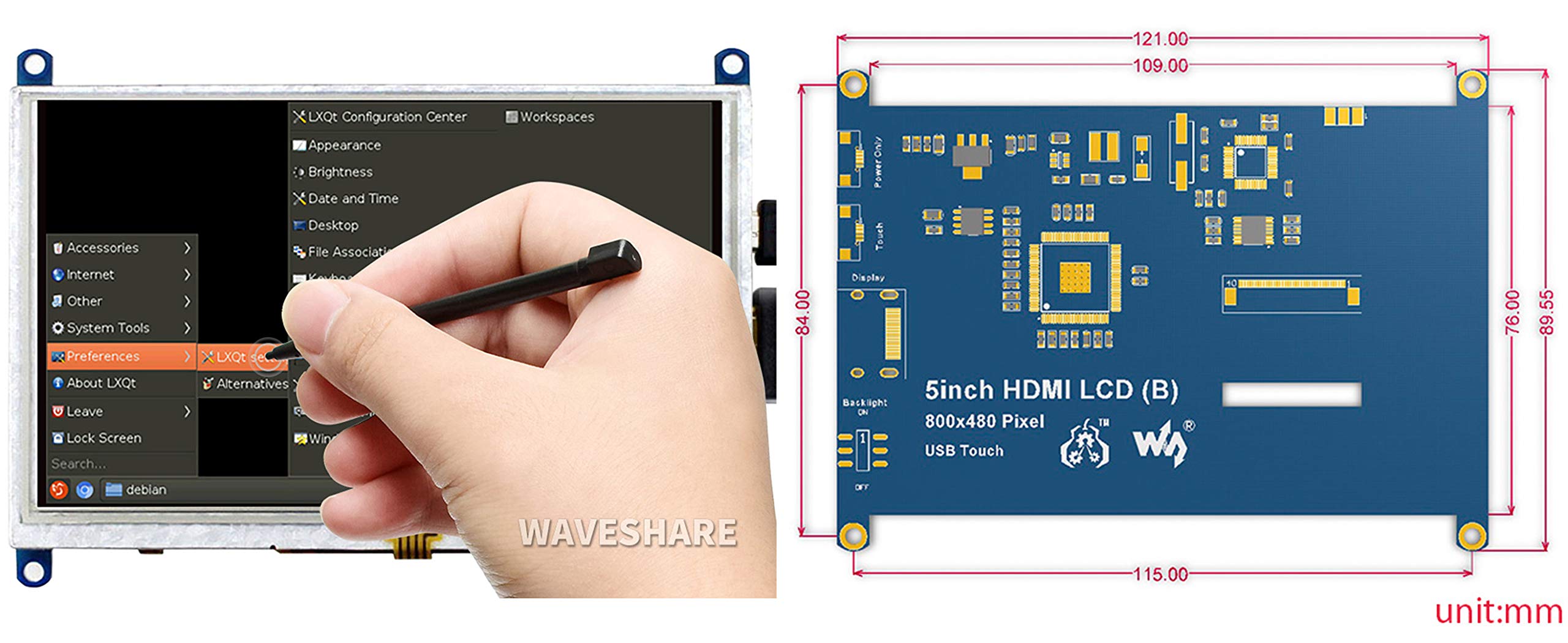 waveshare 5inch HDMI LCD (B) 5" 800×480 Resistive Touch Screen LCD TFT Monitor for Raspberry Pi 4B/3B+/3B/2B/A+/Zero/Zero W/WH, PC Windows 10/8.1/8/7, Driver Free