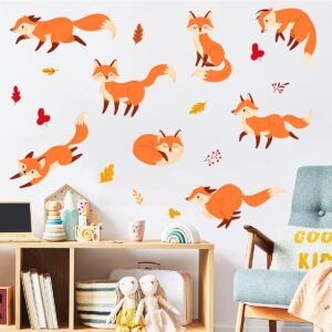 woyinis cute fox wall decals diy animal foxes pine leaves wall stickers peel & stick bedroom playroom baby nursery kids room wall decor art decoration