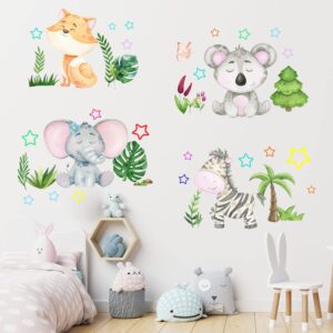 Safari Animal Wall Decals Glow in The Dark Wall Decals Jungle Zoo Wall Stickers Peel and Stick Cartoon Forest Animals Fox Bear Elephant Zebra Decal for Kids Boys Girls Nursery Bedroom Playroom Decor