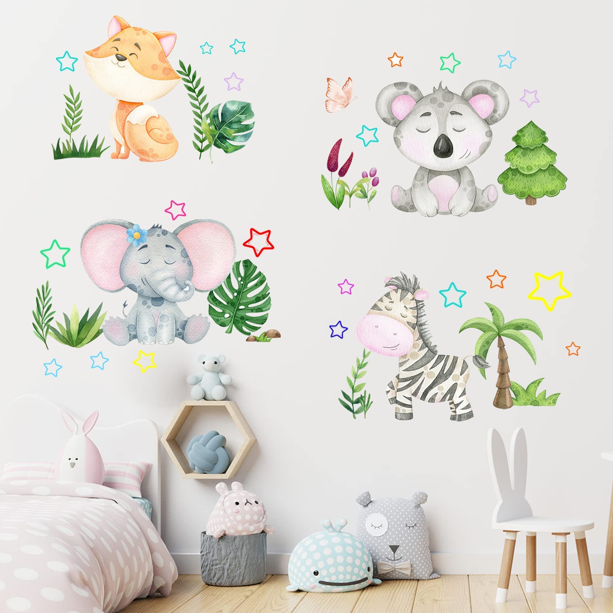 Safari Animal Wall Decals Glow in The Dark Wall Decals Jungle Zoo Wall Stickers Peel and Stick Cartoon Forest Animals Fox Bear Elephant Zebra Decal for Kids Boys Girls Nursery Bedroom Playroom Decor