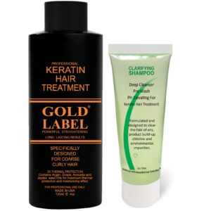 gold label brazilian keratin blowout hair treatment super enhanced winning formula all hair types & colors incl blondes, bleached, coarse, curly, black african, dominican brazilian (4oz kit)