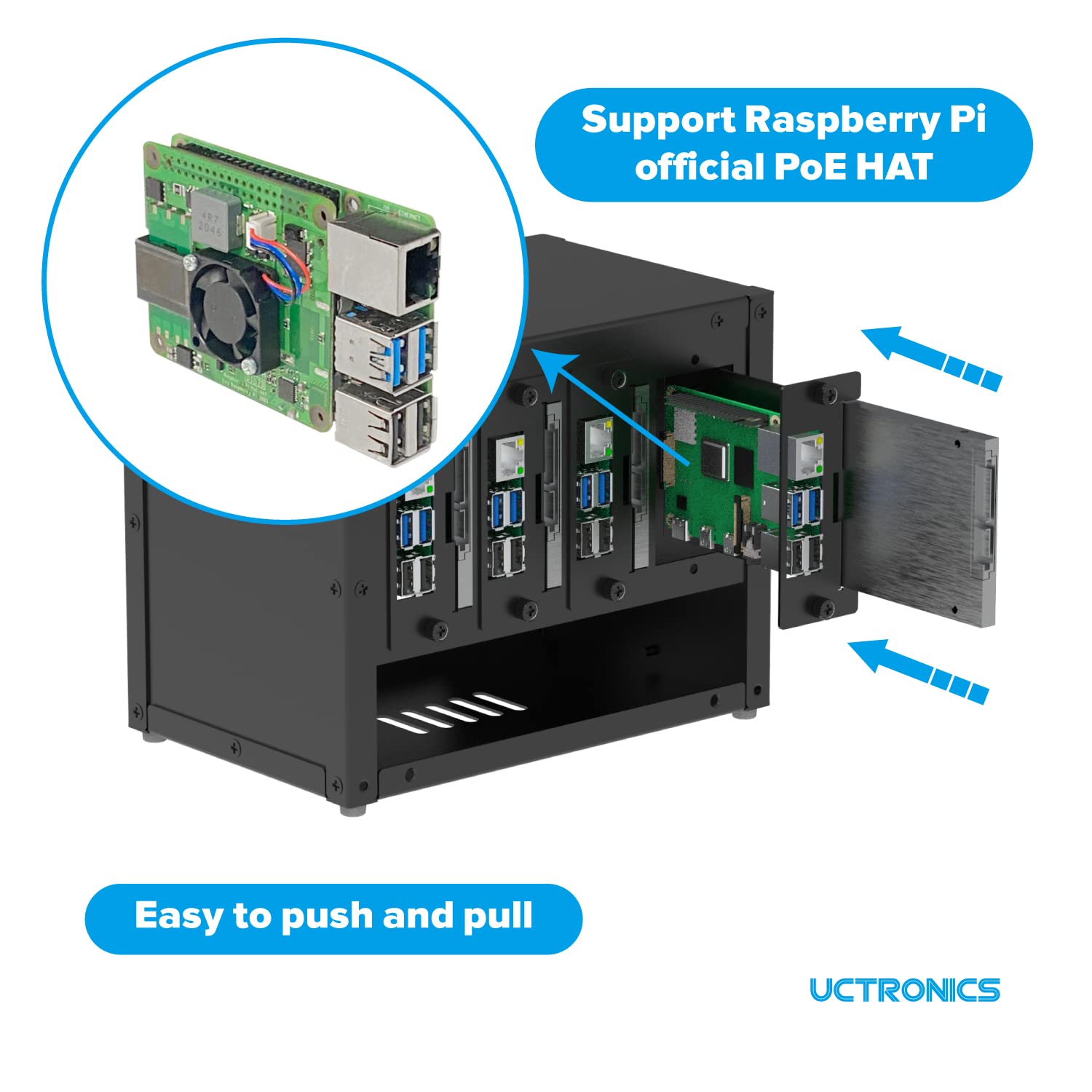 UCTRONICS Upgraded Complete Enclosure for Raspberry Pi Cluster, with 4 Removable Mounting Brackets for Pi 5, 4B, 3B+/3B, and Other B Model and 2 Cooling Fans,support 4 2.5" SSD and Switch