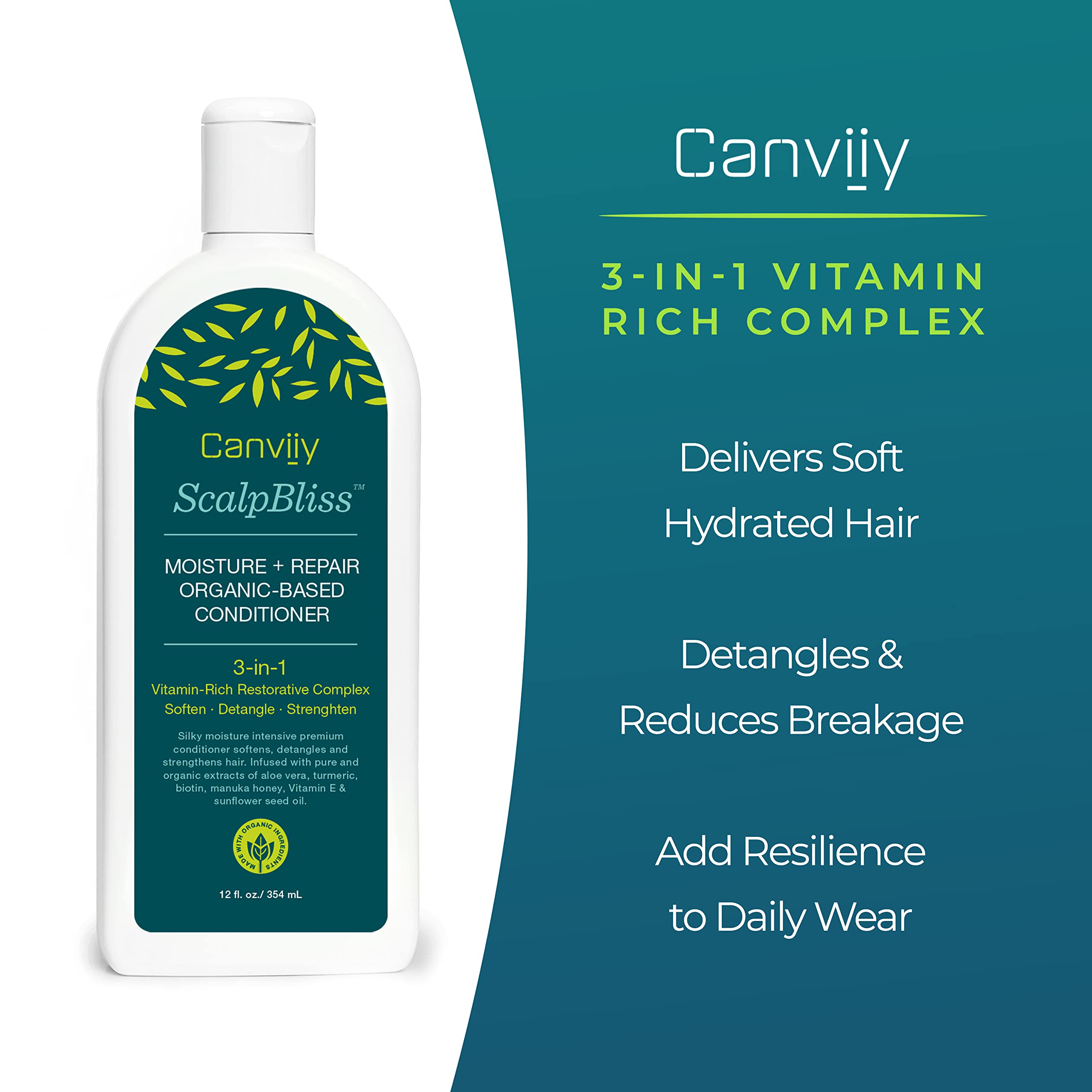 Canviiy ScalpBliss Moisture + Repair Organic-Based Conditioner, Designed with a Vitamin-Rich Restorative Complex to Reduce Breakage and Deliver Soft, Manageable Hair, 12 Fl Oz (Pack of 1)