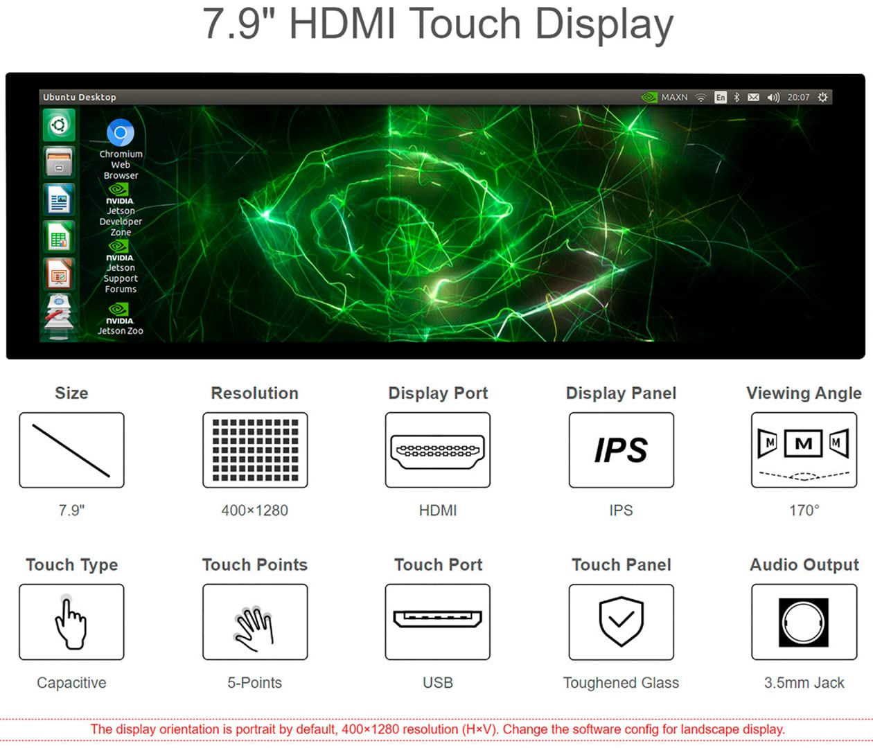 waveshare 7.9inch HDMI LCD 7.9" 400x1280 Capacitive Touch Screen LCD IPS Display Monitor, Toughened Glass Cover Support Raspberry Pi/Jetson Nano/PC/Windows 10/Raspbian/Ubuntu/Kali/WIN10 IoT/Retropie