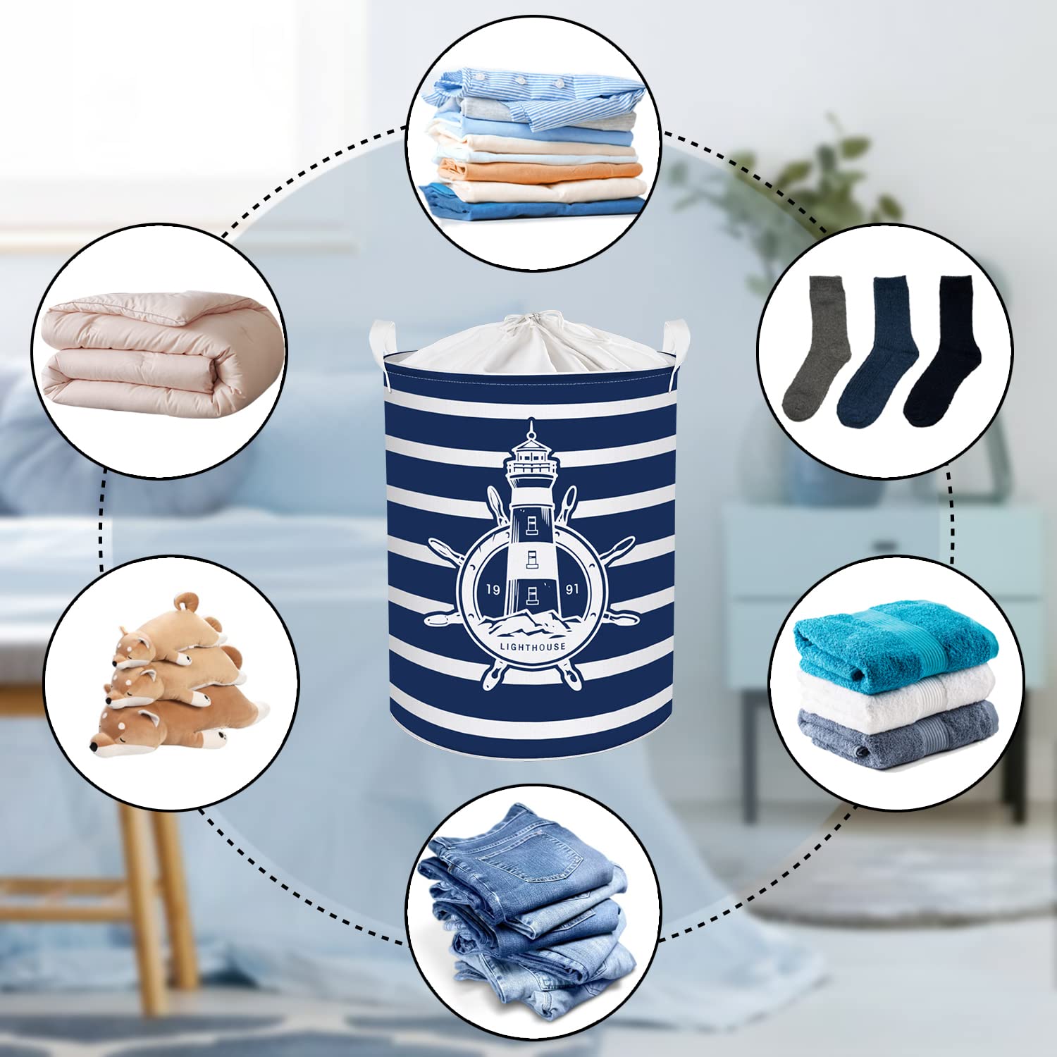 Clastyle 45L Nautical Compass Laundry Hamper Waterproof Collapsible Navy Stripe Laundry Baskets with Drawstring Bedroom Living Room Nursery Storage Basket with Handle, 14 * 17.7 in