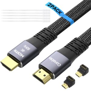 flat hdmi cable (2 pack, 2ft+ 2ft), 4k hdmi high speed braided cord, pure copper, supports 4k@60hz 2160p 1080p hdr hdcp 2.2 arc full 3d (with 25 ties and 2 hdmi adapters)- 2 feet-2 pack