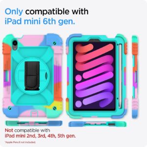 LTROP iPad Mini 6 Case 2021, iPad Mini 6th Generation Case for Kids, Heavy Duty Shockproof Cover with Pencil Holder/360 Rotating Stand/Hand Strap for iPad Mini 6th Generation 8.3 Inch 2021, Aqua Teal