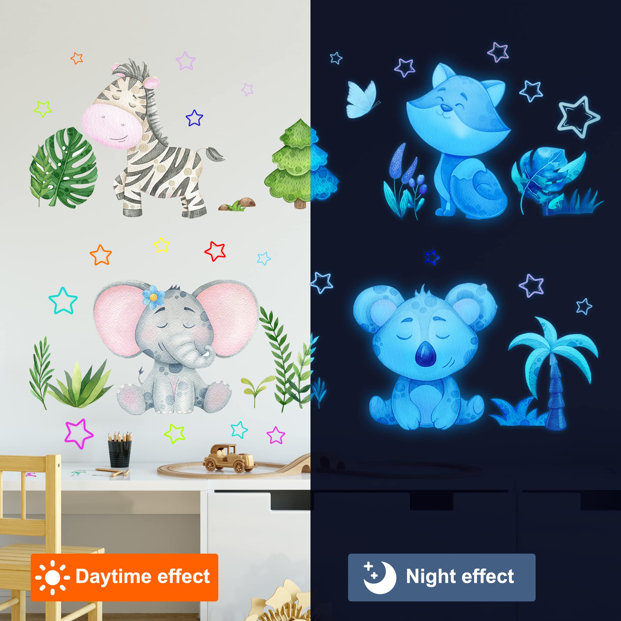 Safari Animal Wall Decals Glow in The Dark Wall Decals Jungle Zoo Wall Stickers Peel and Stick Cartoon Forest Animals Fox Bear Elephant Zebra Decal for Kids Boys Girls Nursery Bedroom Playroom Decor