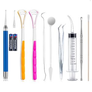 xuke tonsil stone removal set includes 1 stainless steel tonsil stone removal tool100 long swab1 tonsil stone remover with led lights and 1 curved irrigator syringe to get rid of bad breath (luxury)