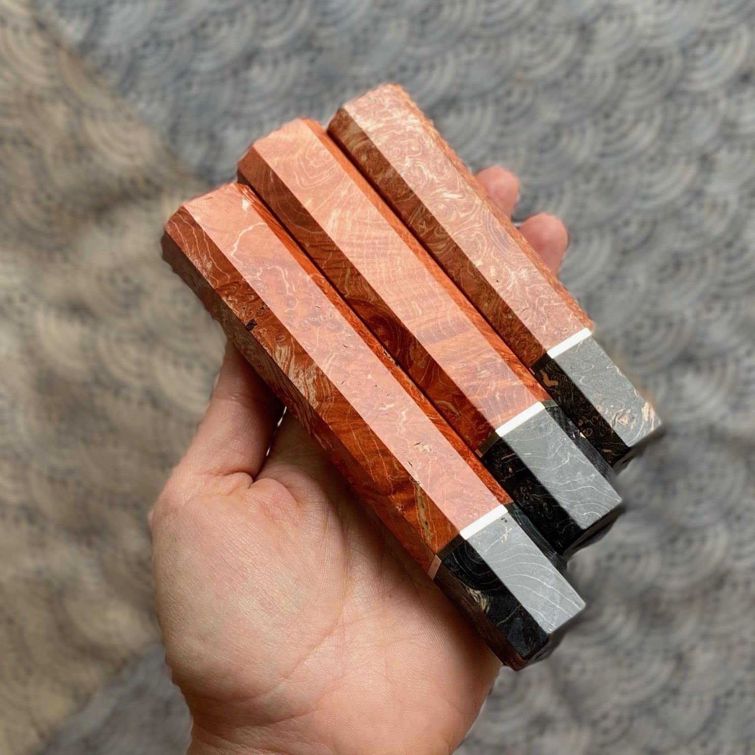 Japanese Kitchen Knife Handle, Octagon, Stabilized Wood, Finished Scales, WA Unique Wooden Kyoto Sunset (Medium), Orange