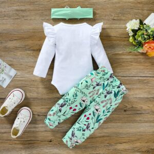 ZOELNIC Newborn Baby Girl Clothes Ruffles Long Sleeve Romper Floral Leopard Pants Headband 3pcs Toddler Outfit Sets(Green,6-9M)