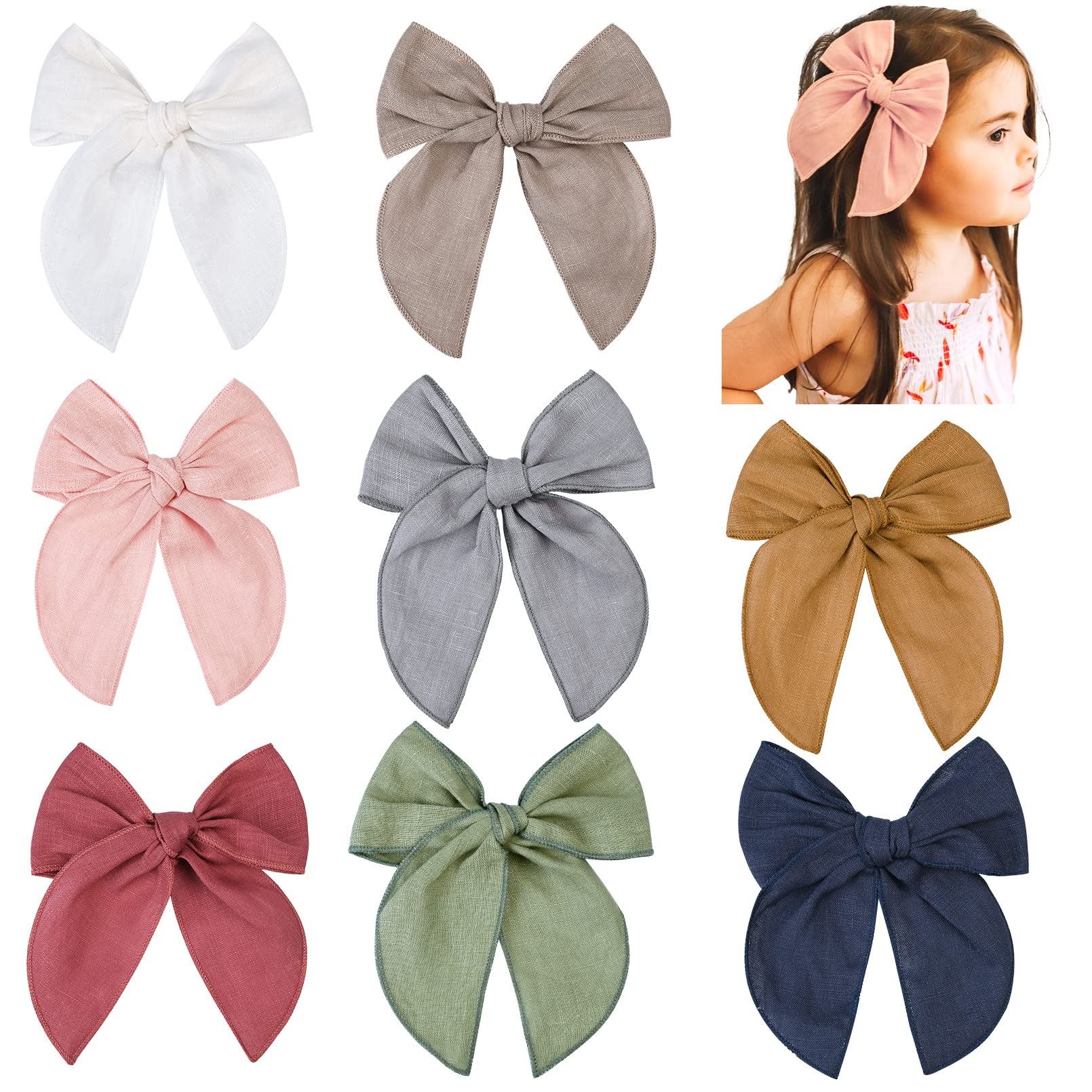 DEEKA 8 PCS Large Fable Cotton Linen Hair Bow for Toddlers Girls Handmade Neutral Hair Accessories for Little Girls Kids