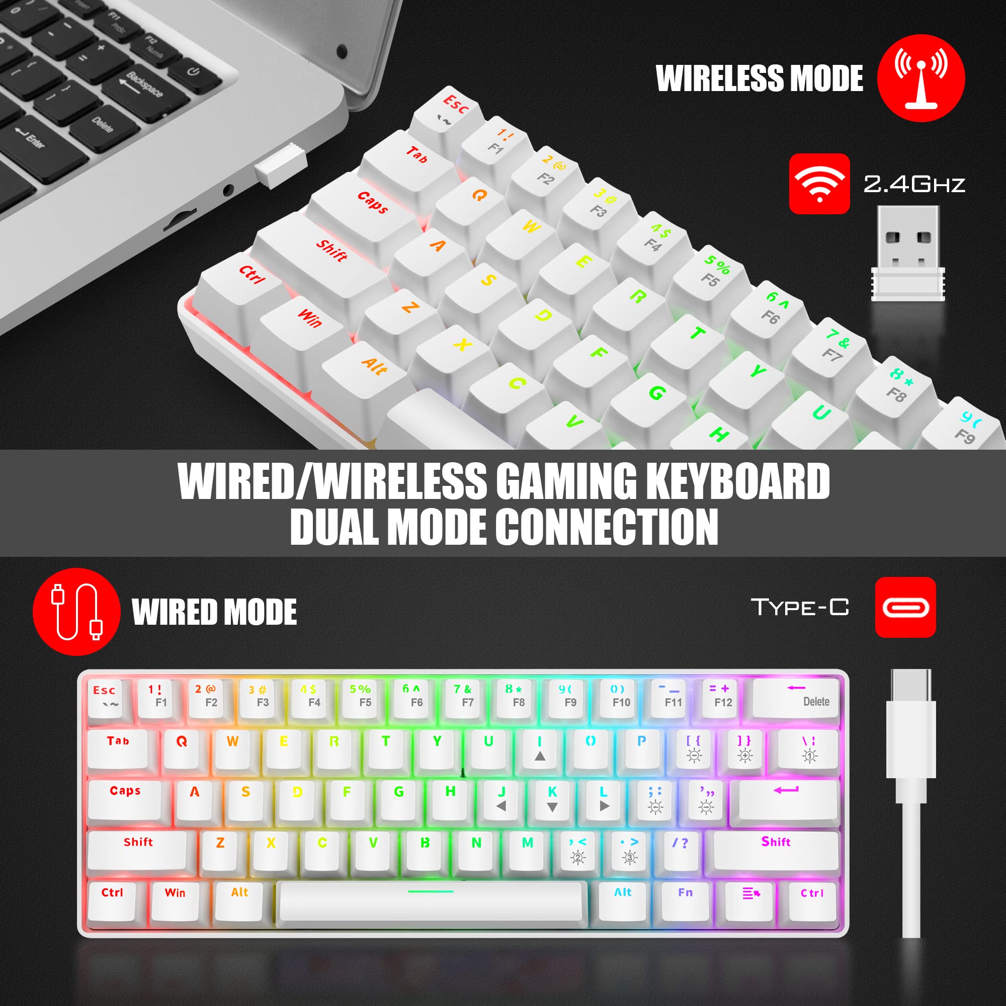 RedThunder 60% Wireless Mechanical Keyboard, 1850mAh Rechargeable Battery Wireless Gaming Keyboard, True RGB Backlit, 61 Keys Compact Layout for PC Gamer (White, Blue Switch)