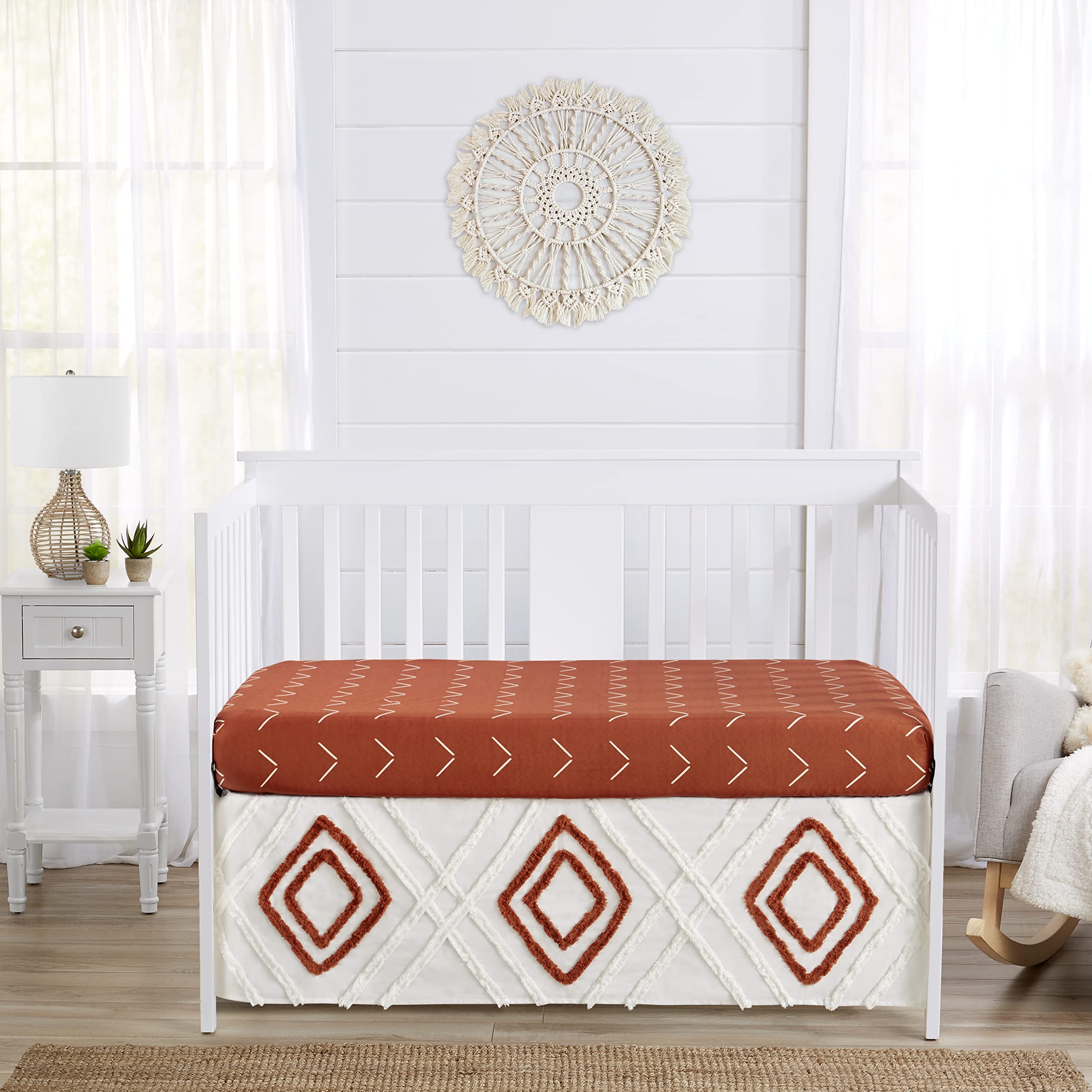 Sweet Jojo Designs Boho Diamond Boy Girl Baby Crib Bed Skirt Nursery Dust Ruffle - Ivory Burnt Orange Rust Off White Diamond Tufted Bohemian Farmhouse Southwest Shabby Chic Designer Tribal Neutral