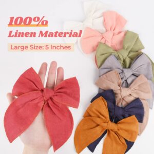 DEEKA 8 PCS Large Fable Cotton Linen Hair Bow for Toddlers Girls Handmade Neutral Hair Accessories for Little Girls Kids