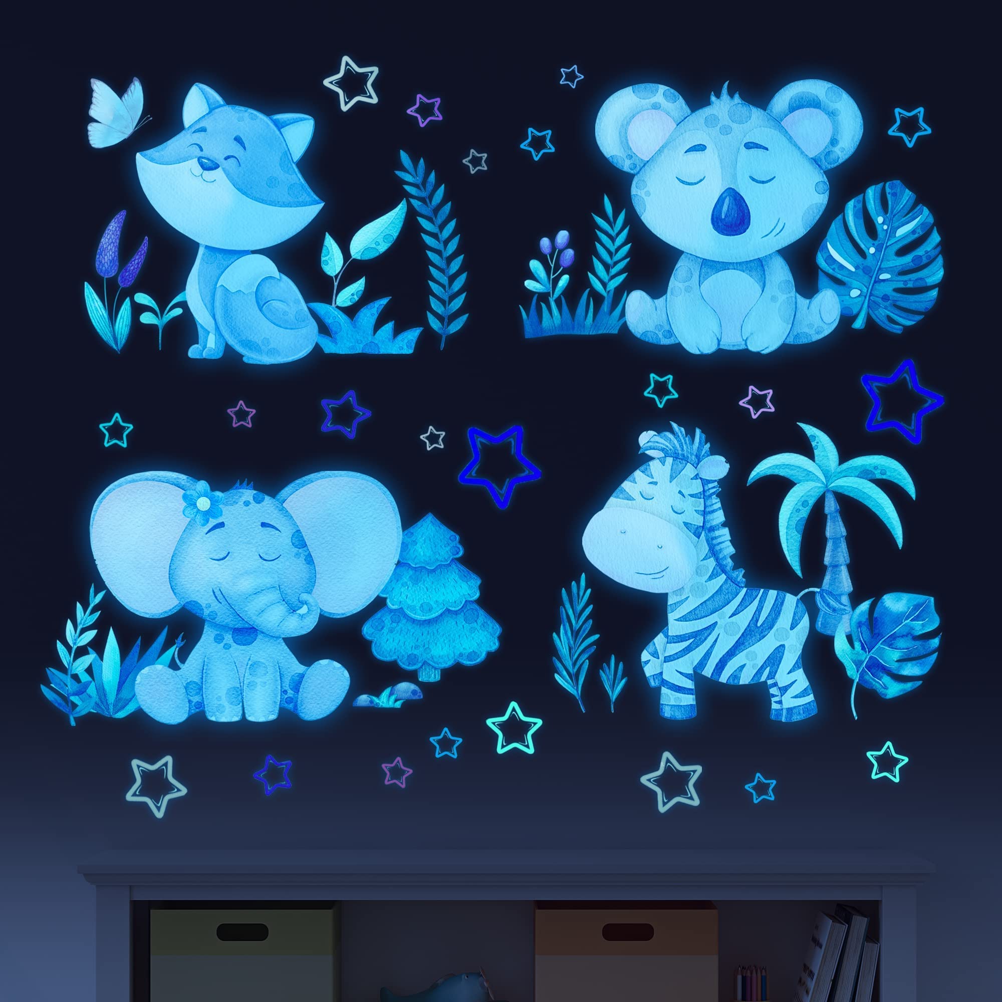 Safari Animal Wall Decals Glow in The Dark Wall Decals Jungle Zoo Wall Stickers Peel and Stick Cartoon Forest Animals Fox Bear Elephant Zebra Decal for Kids Boys Girls Nursery Bedroom Playroom Decor