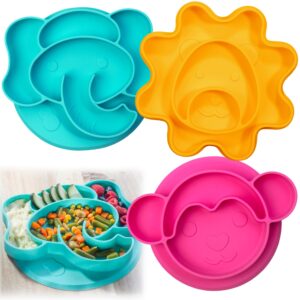 silicone compartment plates- 3 pk animal set (lion monkey elephant)-divided sections for easy grabbing baby food training, non-slip unbreakable material, flexible shapes for toddlers, kids- xmas gift