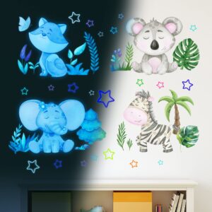 safari animal wall decals glow in the dark wall decals jungle zoo wall stickers peel and stick cartoon forest animals fox bear elephant zebra decal for kids boys girls nursery bedroom playroom decor