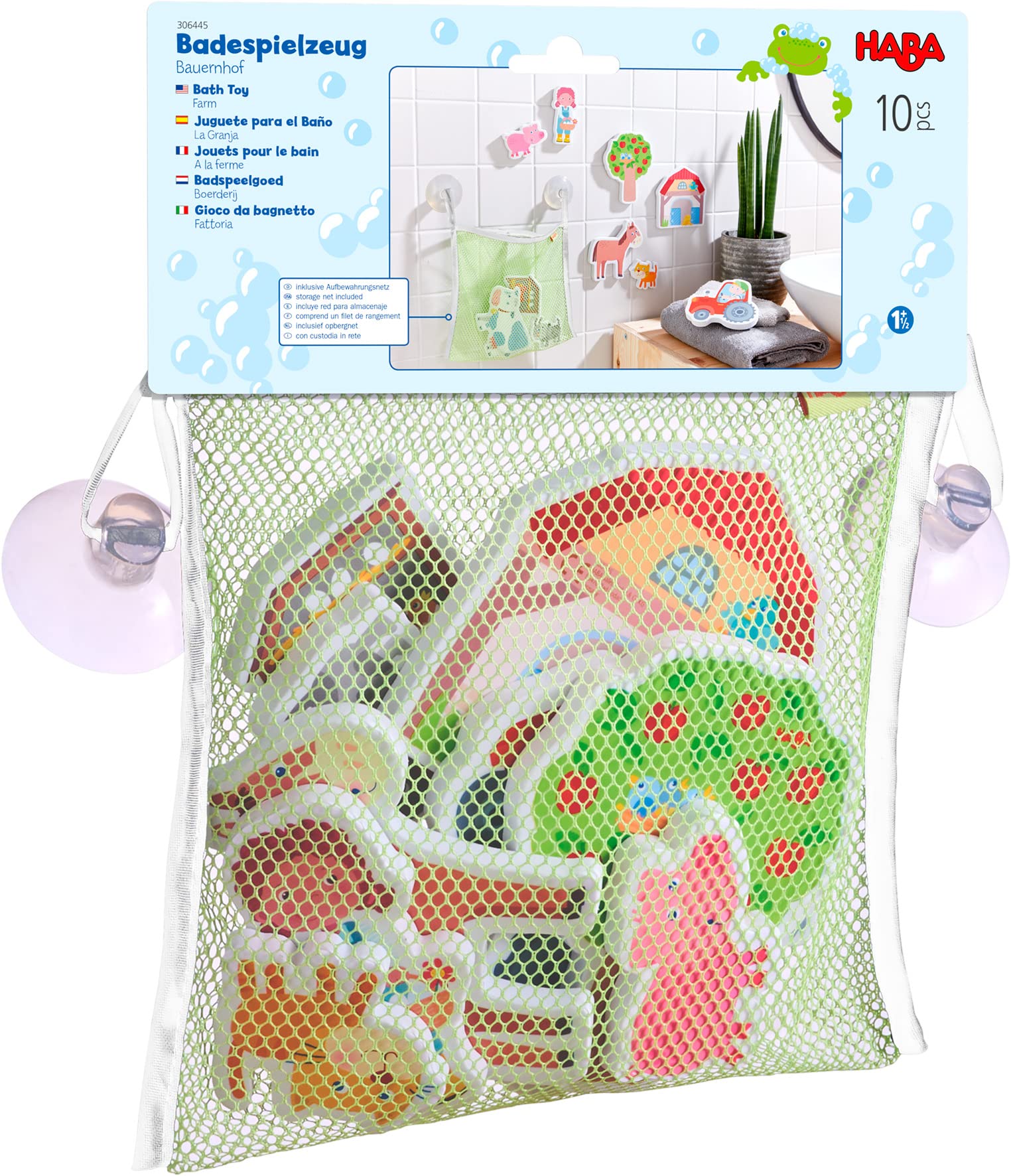 HABA Farm Puzzle in Net - 10 Piece Bath Toy with Suction Cup Storage Net