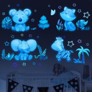 Safari Animal Wall Decals Glow in The Dark Wall Decals Jungle Zoo Wall Stickers Peel and Stick Cartoon Forest Animals Fox Bear Elephant Zebra Decal for Kids Boys Girls Nursery Bedroom Playroom Decor