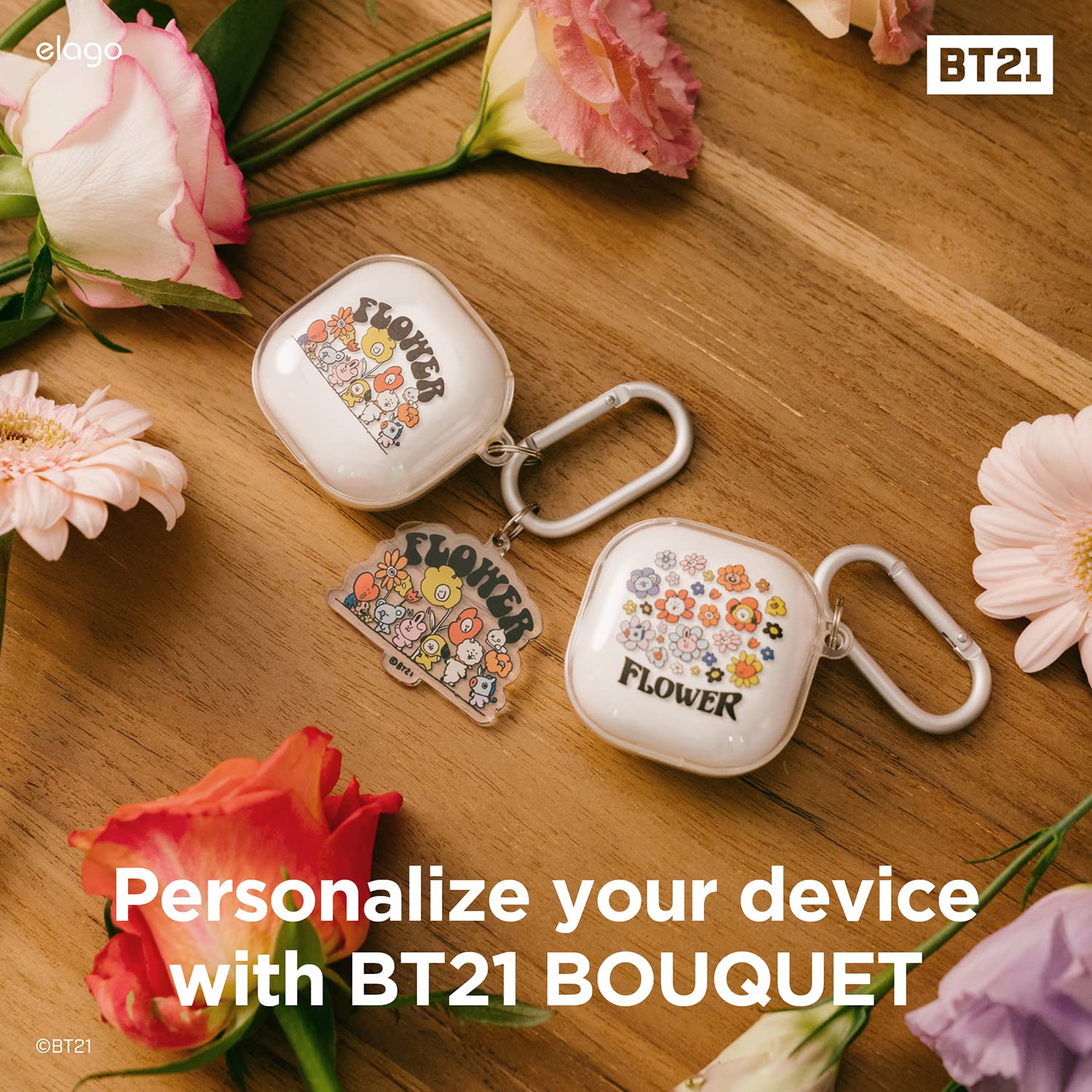 elago l BT21 Flower Case Compatible with Samsung Galaxy Buds 2 Pro Case (2022) / Galaxy Buds 2 Case (2021) / Galaxy Buds Pro Case (2021) / Galaxy Buds Live Case (2020) [Official] (Flower Bouquet)