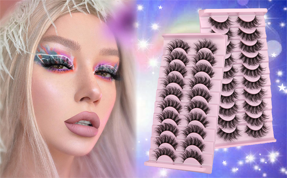 wiwoseo Mink Lashes Eyelashes Natural Fluffy Faux Mink Lashes 3D Thick Volume D Curl Wispy Eyelashes that Look Like Extensions Fake Eyelashes 10 Pairs Pack