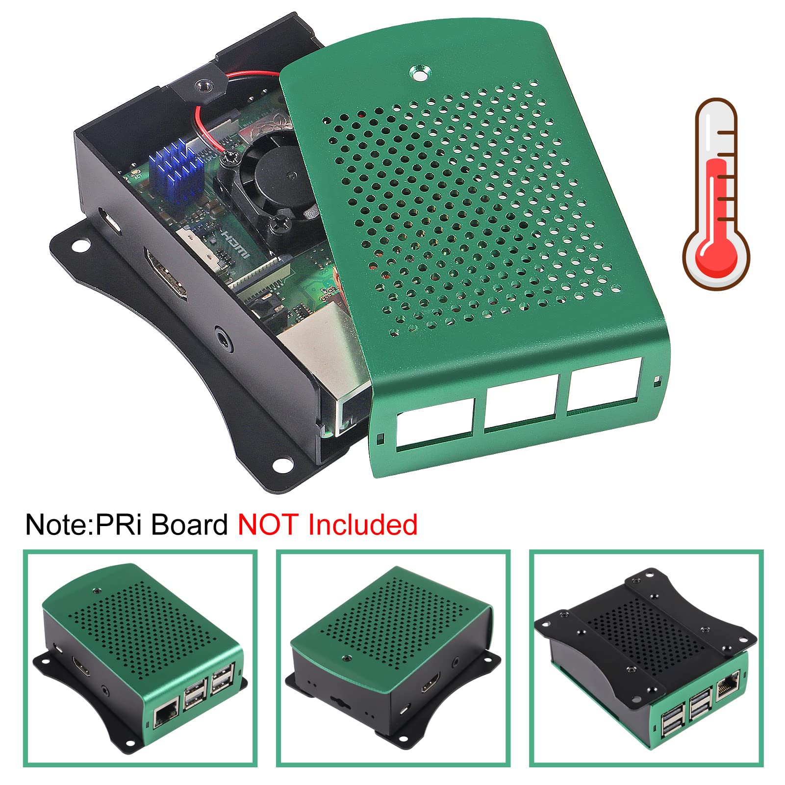 ALAMSCN Raspberry Pi 3 Metal Case, RPi 3 Aluminium Case Protective Shell Box Wall Mounted Enclosure with Dual Cooling Fan Heat Sink for Raspberry Pi 3 B+ RPi 3 RPi 2B+ RPi 2 B Green