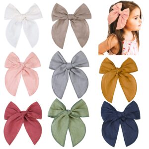 deeka 8 pcs large fable cotton linen hair bow for toddlers girls handmade neutral hair accessories for little girls kids