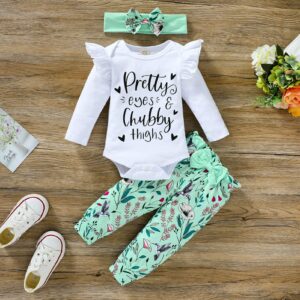 ZOELNIC Newborn Baby Girl Clothes Ruffles Long Sleeve Romper Floral Leopard Pants Headband 3pcs Toddler Outfit Sets(Green,6-9M)