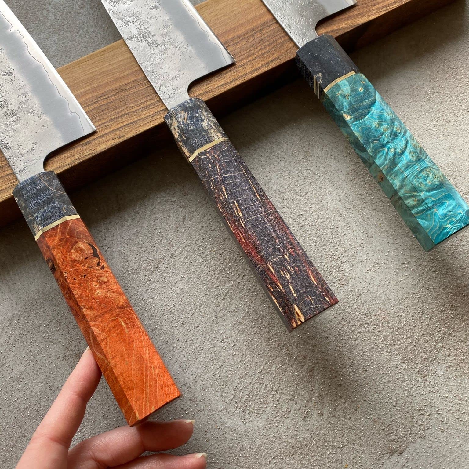 Japanese Kitchen Knife Handle, Octagon, Stabilized Wood, Finished Scales, WA Unique Wooden Kyoto Sunset (Medium), Orange