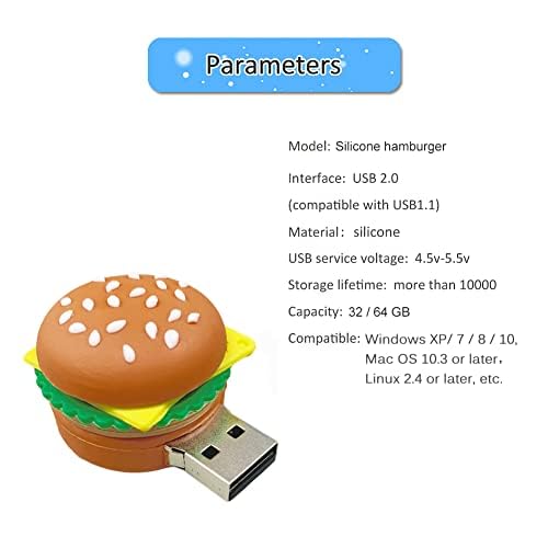 64GB USB Flash Drive Hamburger-Shaped, BorlterClamp Novelty USB Drive Thumb Drive Memory Stick for External Data Storage