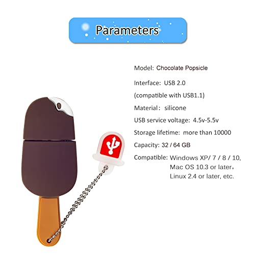 64GB USB Flash Drive Chocolate Popsicle Shaped, BorlterClamp Novelty USB Drive Thumb Drive Memory Stick for External Data Storage