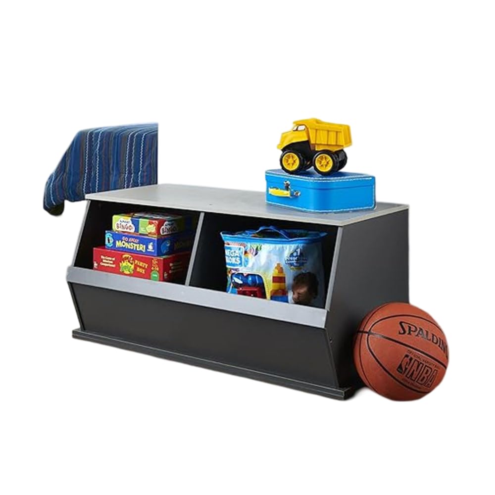 Badger Basket Two Bin Stackable Toy Storage Cubby Organizer - Charcoal/Gray Woodgrain