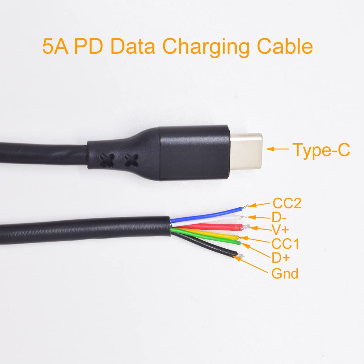 2pcs 12 inch Type-C USB C Male PD Power Cable 5A Fast Charge 6 Wires CC1 CC2 Pigtail DIY, 1 feet