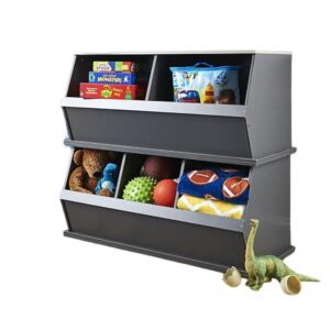 Badger Basket Two Bin Stackable Toy Storage Cubby Organizer - Charcoal/Gray Woodgrain