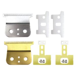 2 pairs of replacement t blade outliner trimmer blades in silver and gold with screws, sliders and gaskets