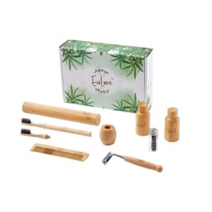 ecoluxe sustainable gift box personal care travel sized toiletries bundle, bamboo toothbrush, dental floss, comb,liquid containers, razor, bamboo travel case and stand, 9 items